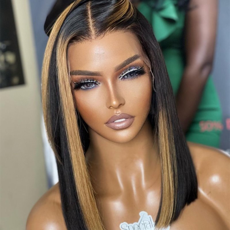 Blonde Skunk Stripe Shoulder Length Lob Wig Undetectable HD Air Lace G ...